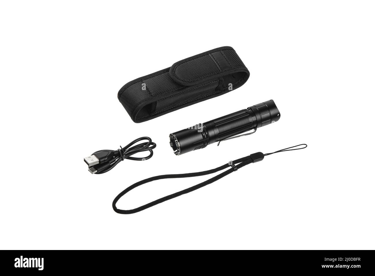 Modern metal LED flashlight in black color. Portable flashlight isolate ...