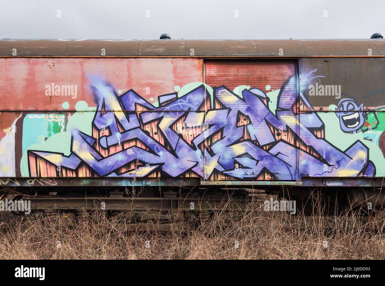 Graffiti vandals spray painted graffiti on abandoned railway carriages ...
