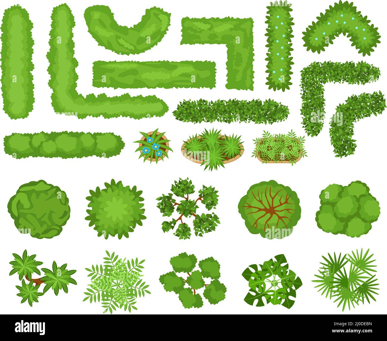 Top view trees, plants, garden bushes and hedges for landscape design ...