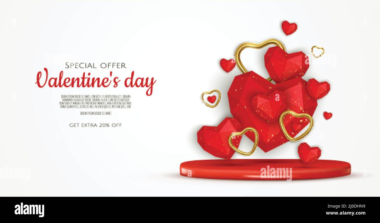 Happy Valentines Day. Realistic 3d design of festive objects red heart ...