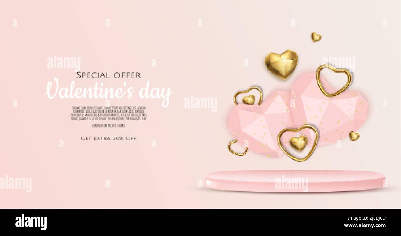 Happy Valentines Day. Realistic 3d design of festive objects red heart ...