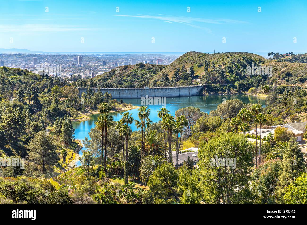 Drone image of Lake Hollywood Reservoir built by Mulholland Dam in 1924 ...