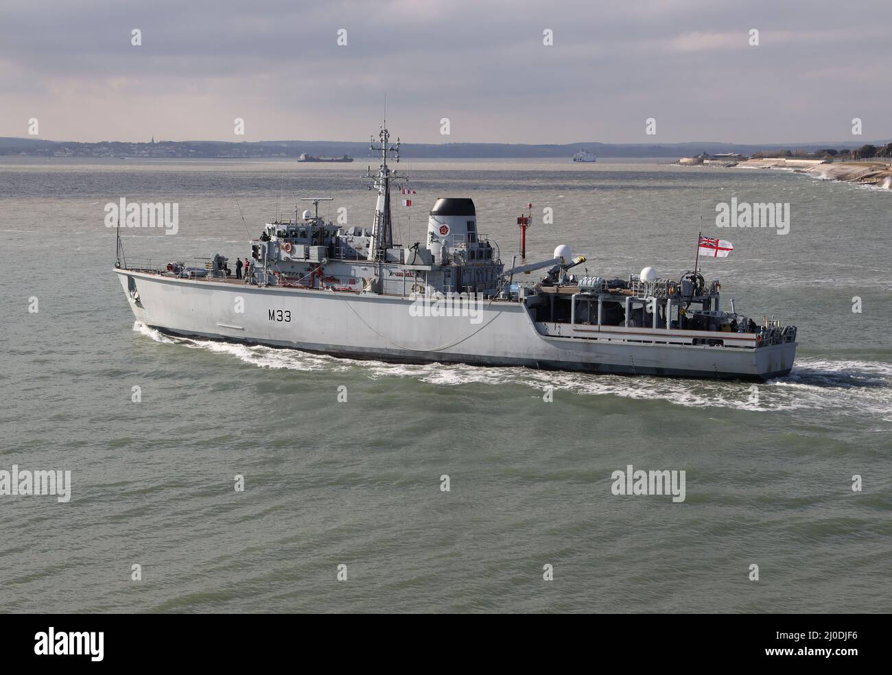 The Hunt class mine counter measures vessel HMS BROCKLESBY leaving the ...