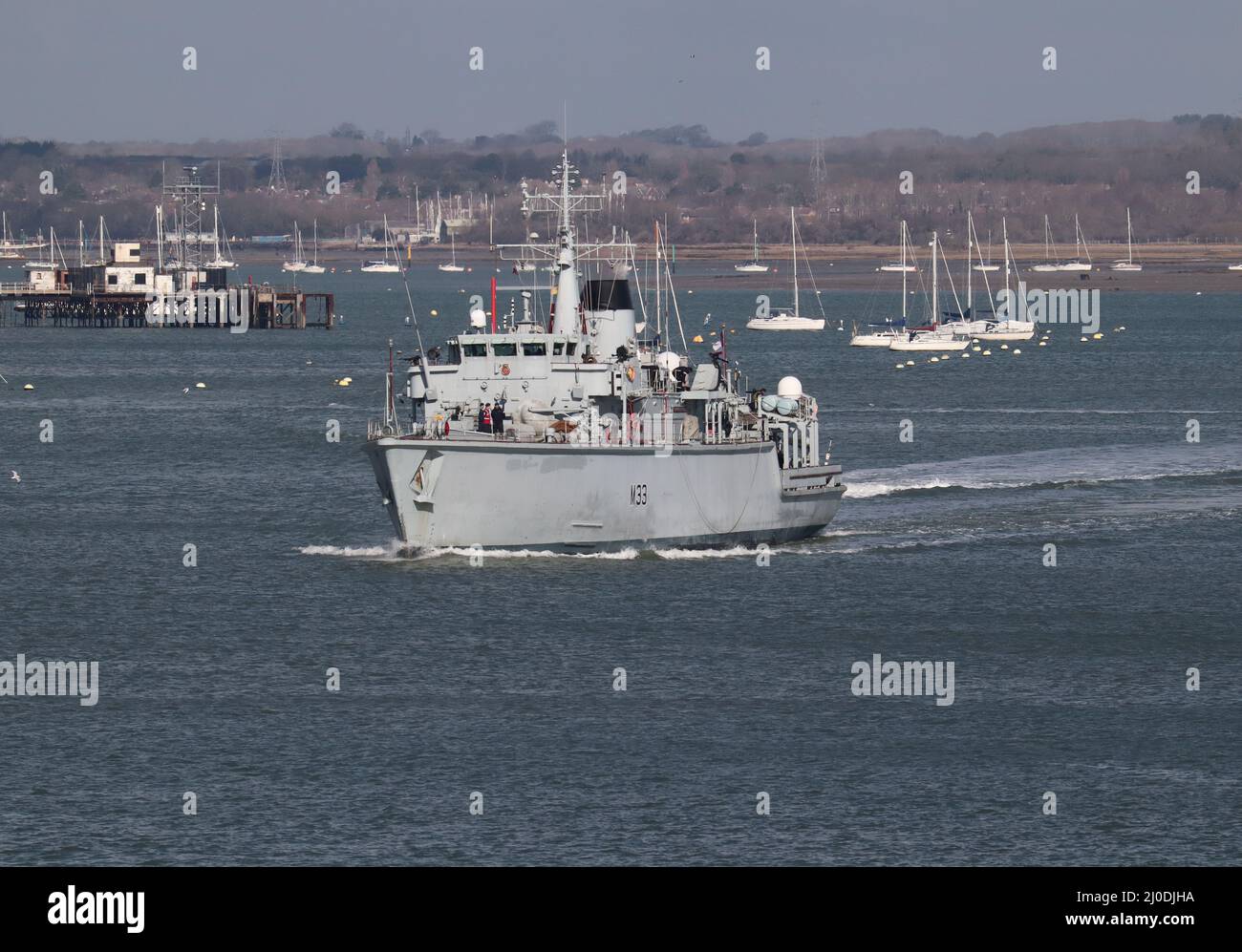 The Hunt class mine counter measures vessel HMS BROCKLESBY leaving the ...