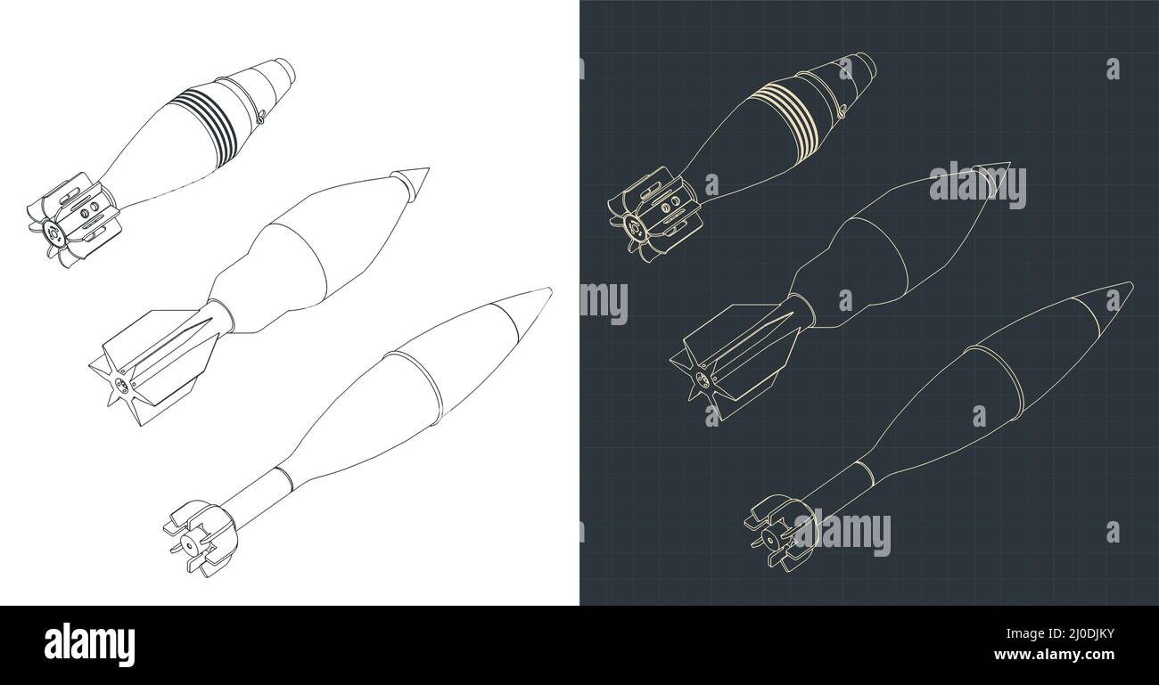 Stylized vector illustration of isometric blueprints of mortar shells ...