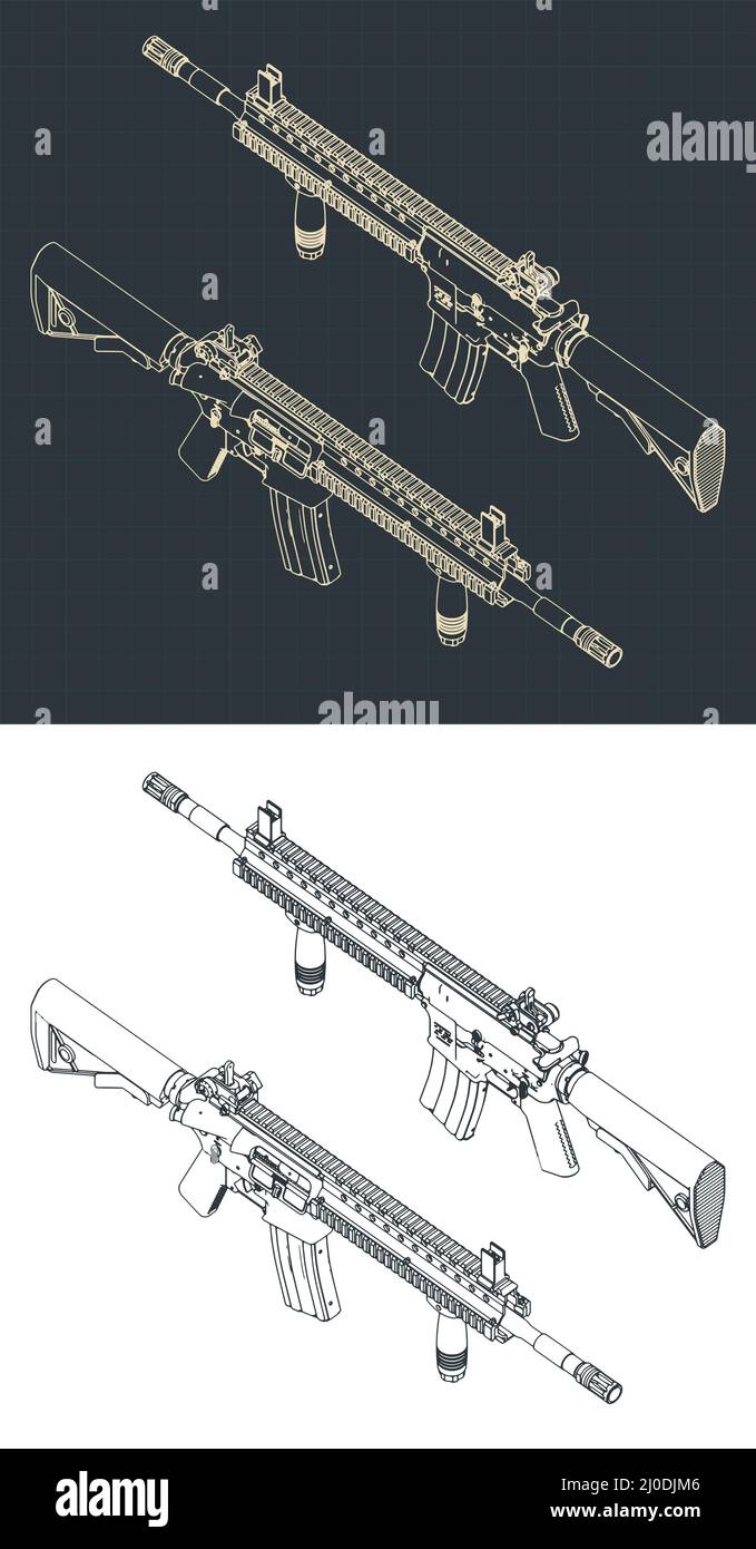 Stylized vector illustration of isometric blueprints of assault rifle ...