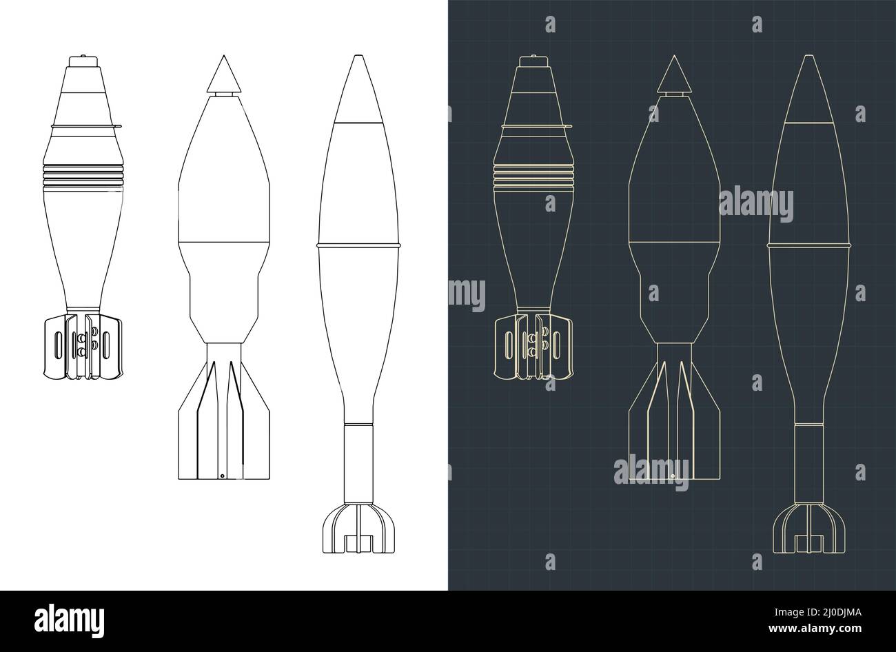 Stylized vector illustration of blueprints of mortar shells Stock ...
