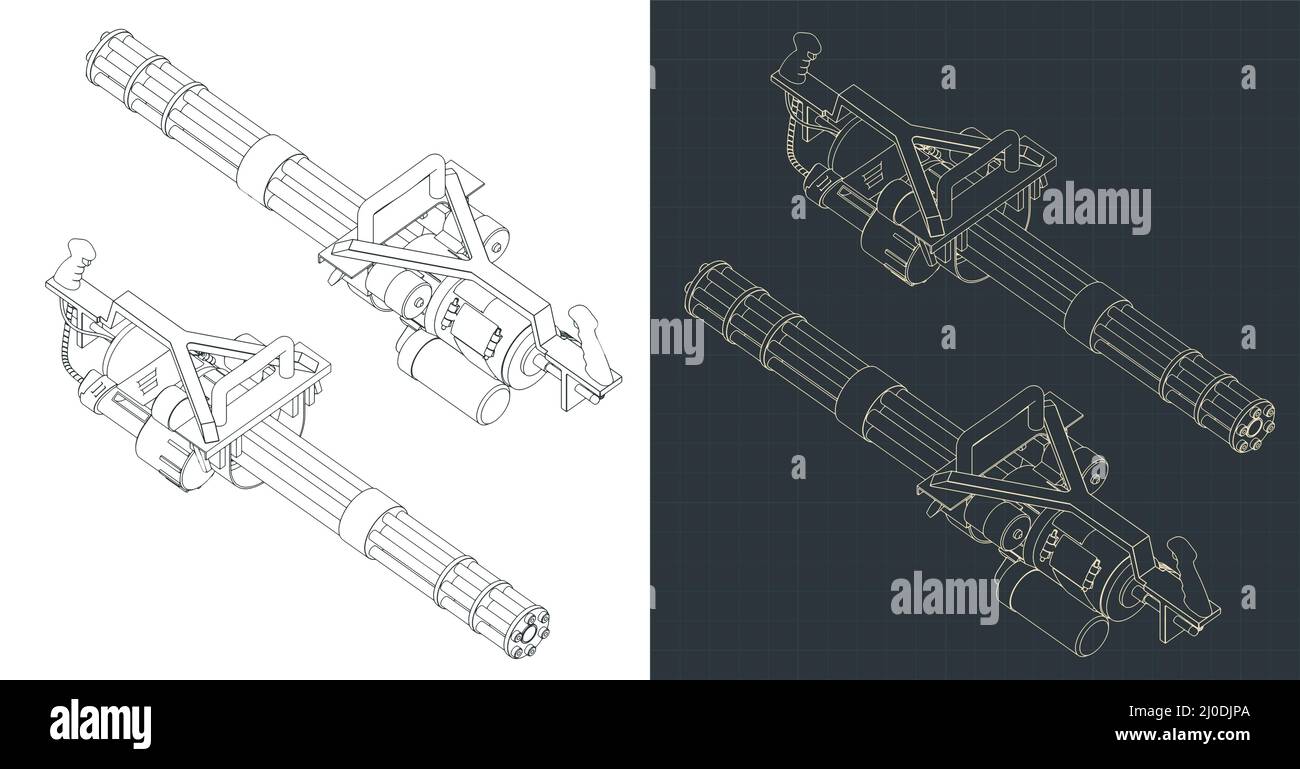 Stylized vector illustration of isometric blueprints of minigun Stock ...