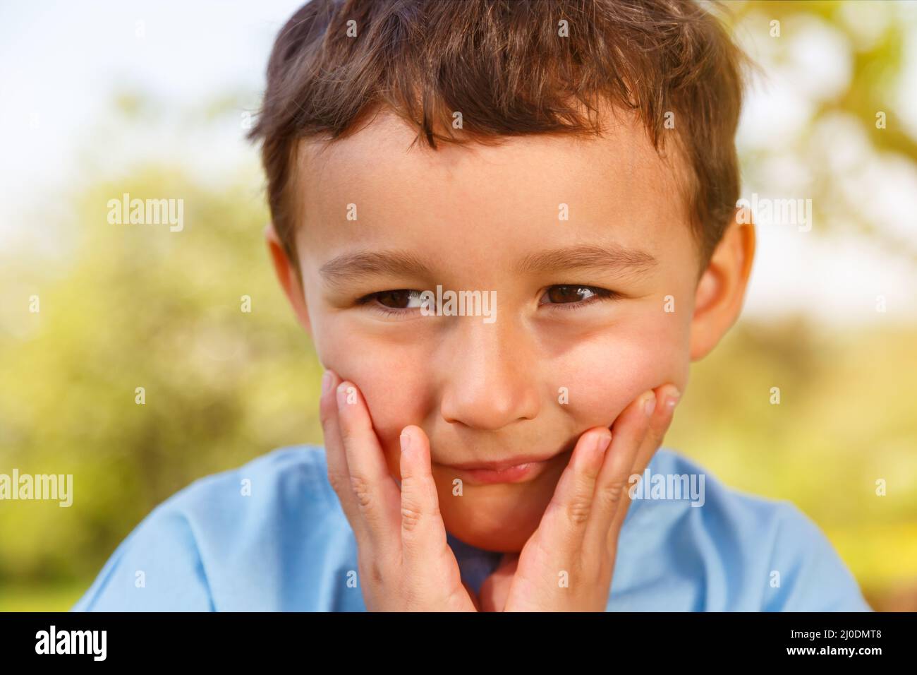 Child little boy think look worry outside text free space copyspace ...