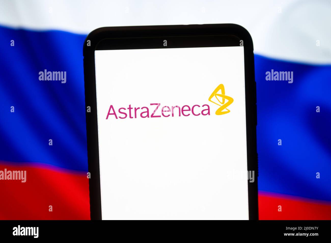 Poland. 18th Mar, 2022. In this photo illustration an AstraZeneca logo ...