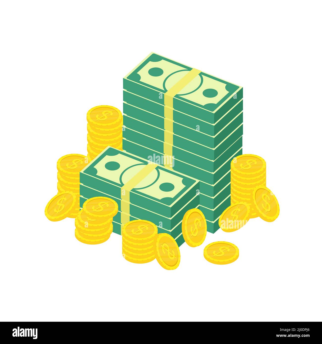 Isometric dollars bundles and golden stack coins set. Economy, finance ...