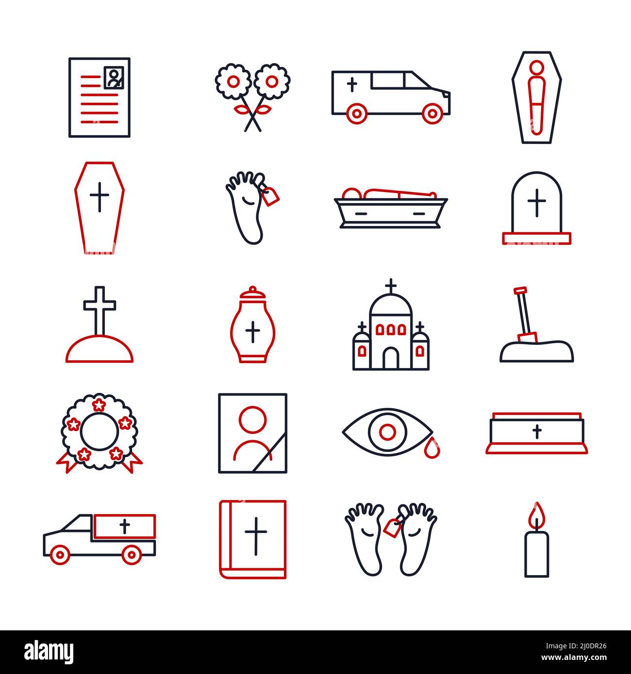 Funeral icon line set. Burial outline black and red colors symbol ...