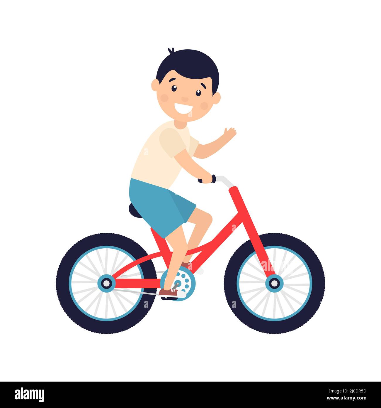 Cute boy with rise hand riding bicycle. Happy child rides red modern ...