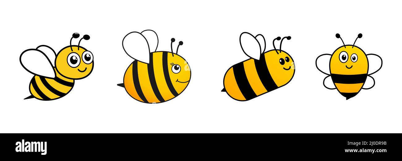 Bee Cartoon Flying Character Set Happy Cute Bees With Big Eyes