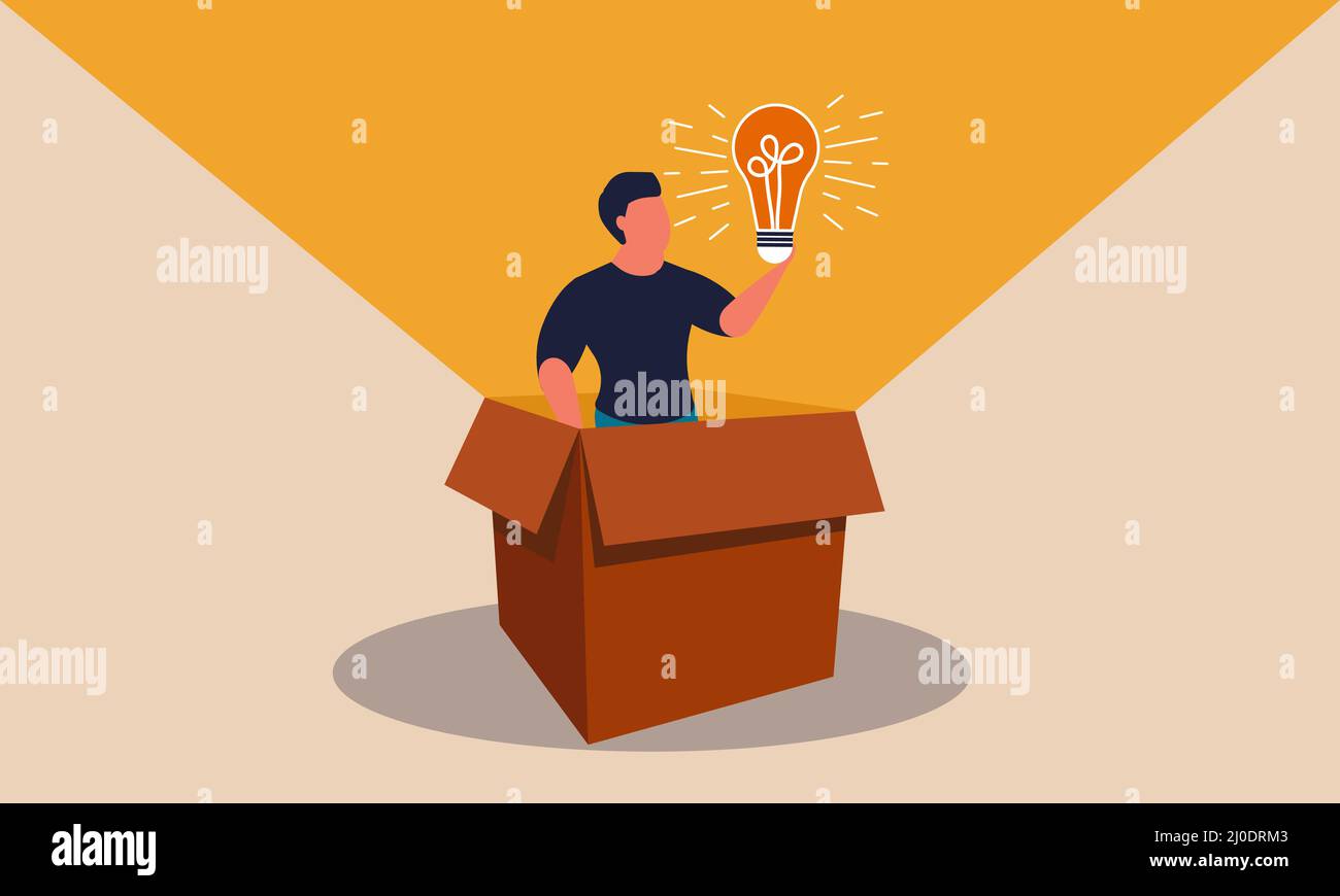 Innovation open box and think outside for business. Smart businessman ...