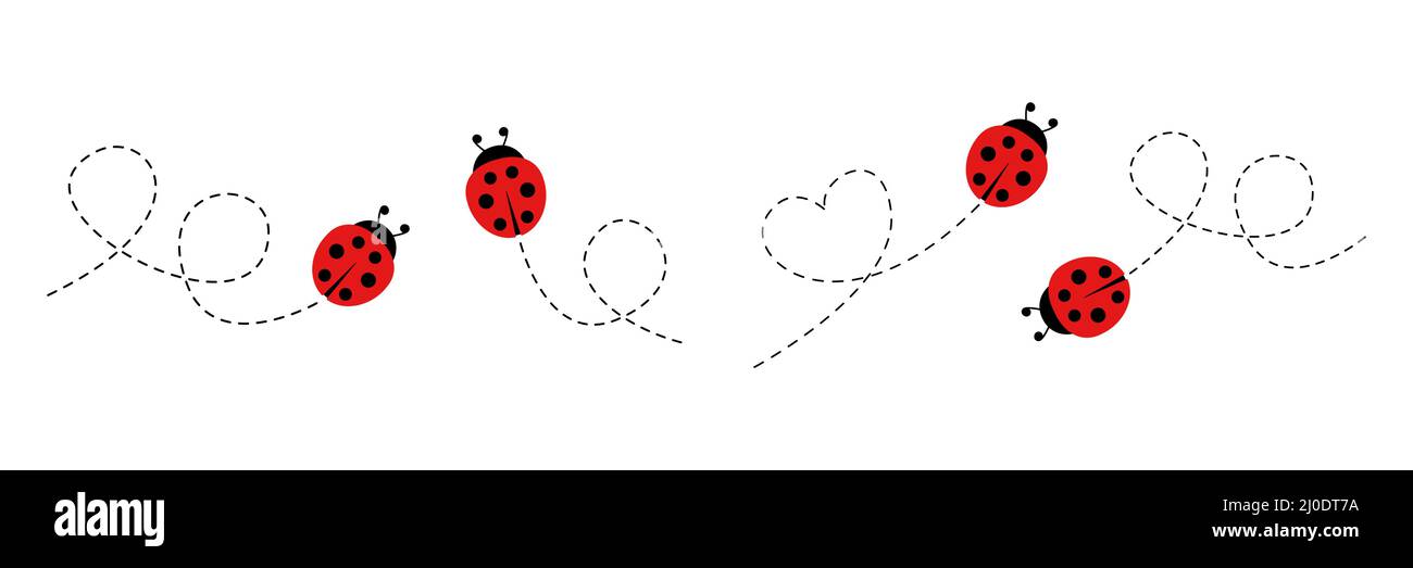 Cartoon ladybug icon set. Ladybugs flying on dotted route. Vector ...
