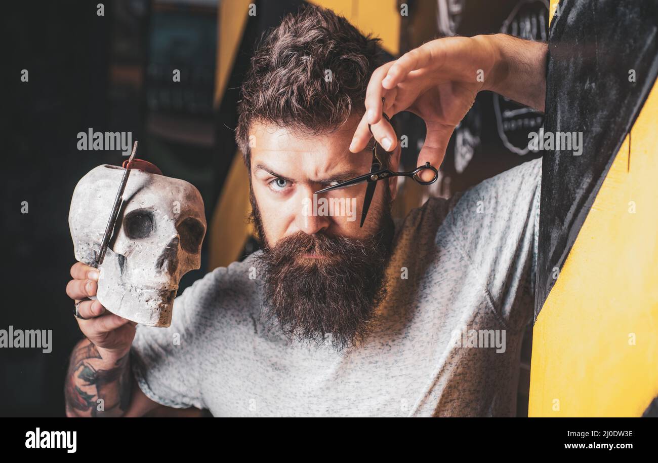 Bearded stylish barber shop client. Shaving man and razor man. Man ...