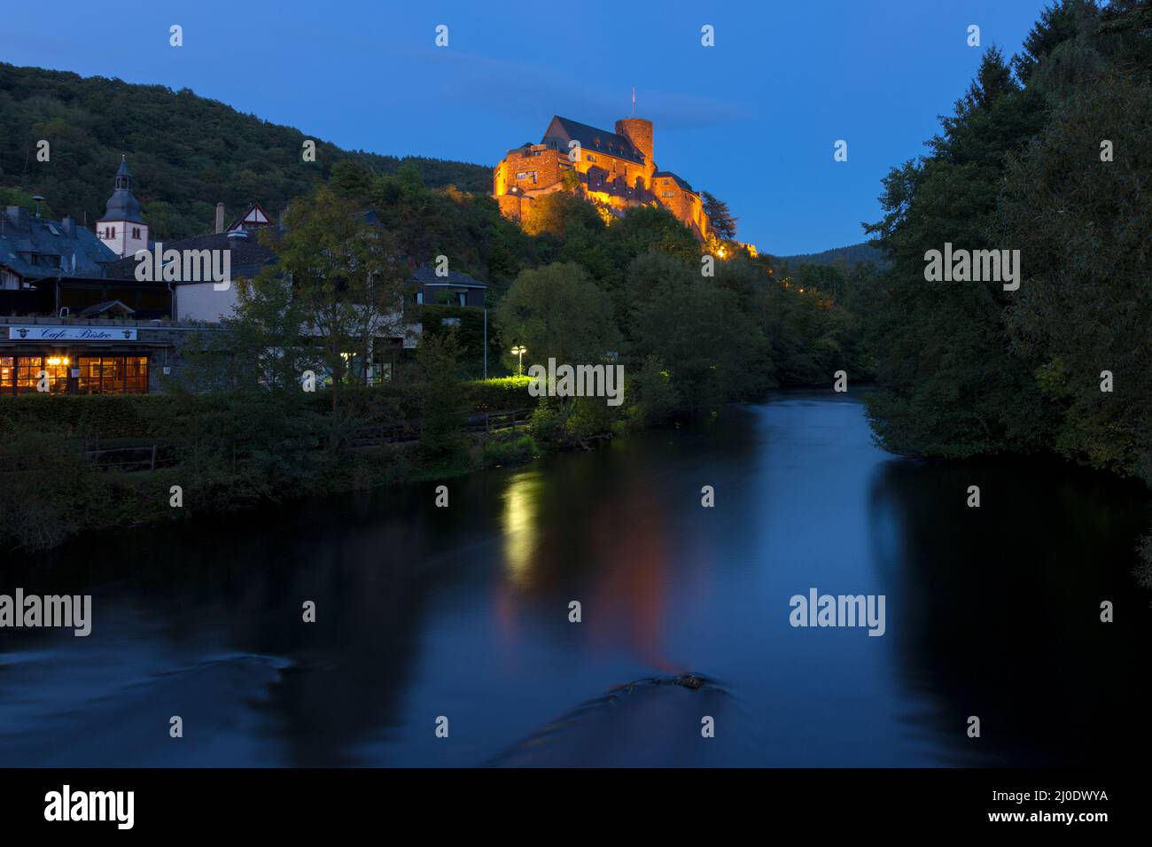 Castle Hengebach in Heimbach at night Stock Photo - Alamy