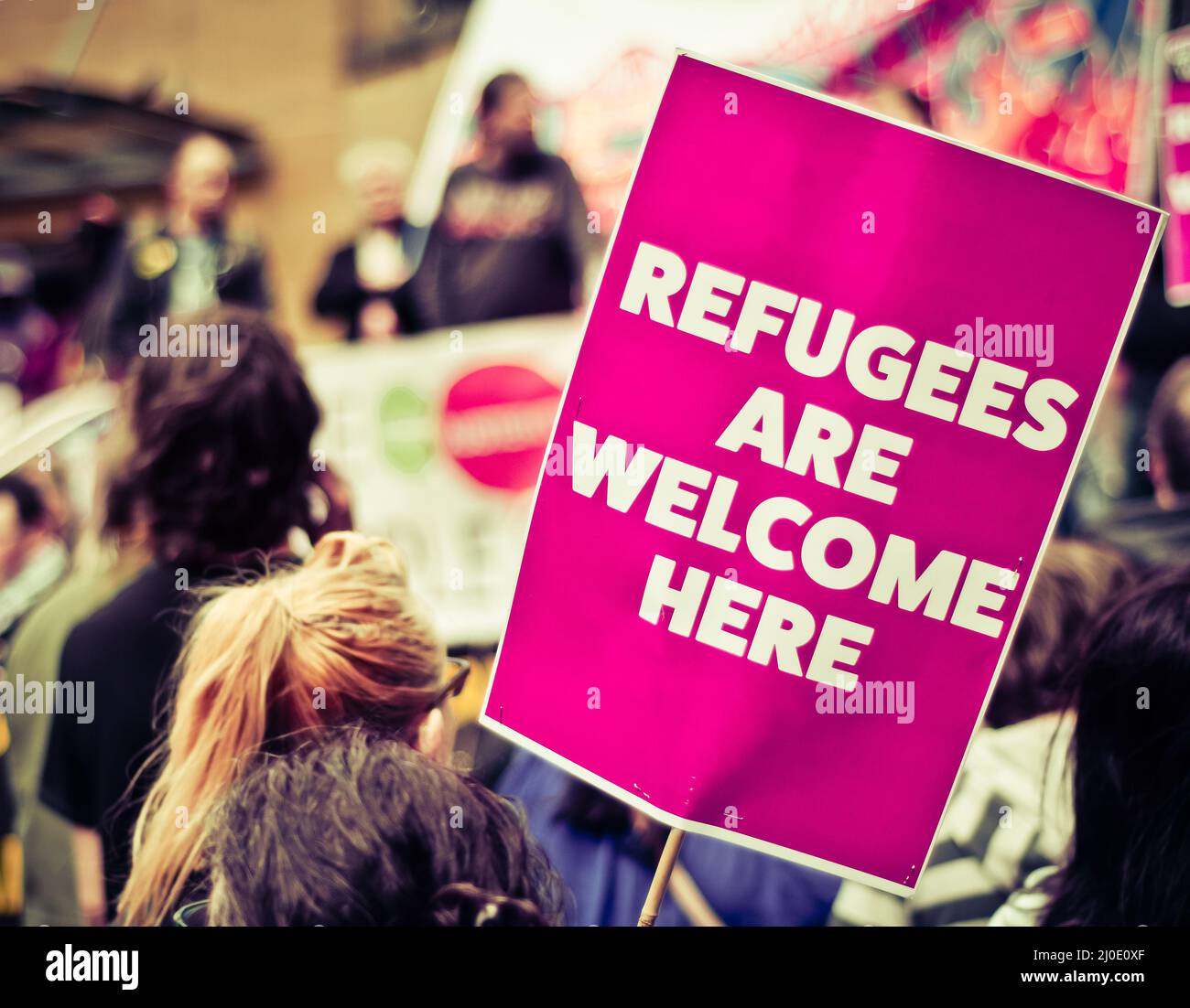 Refugees Are Welcome Street Protestors Stock Photo - Alamy