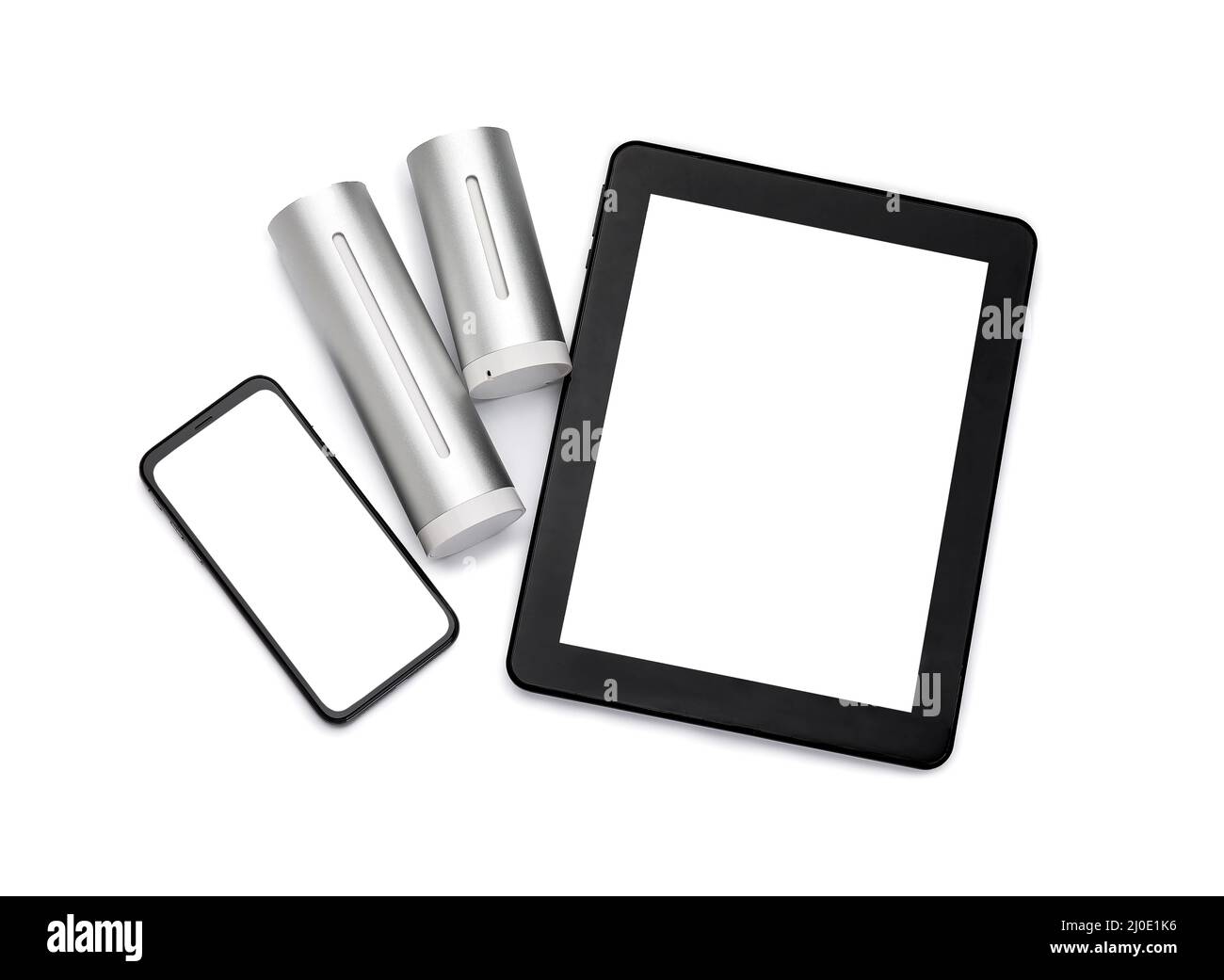 Digital weather station, mobile phone and tablet computer on white ...