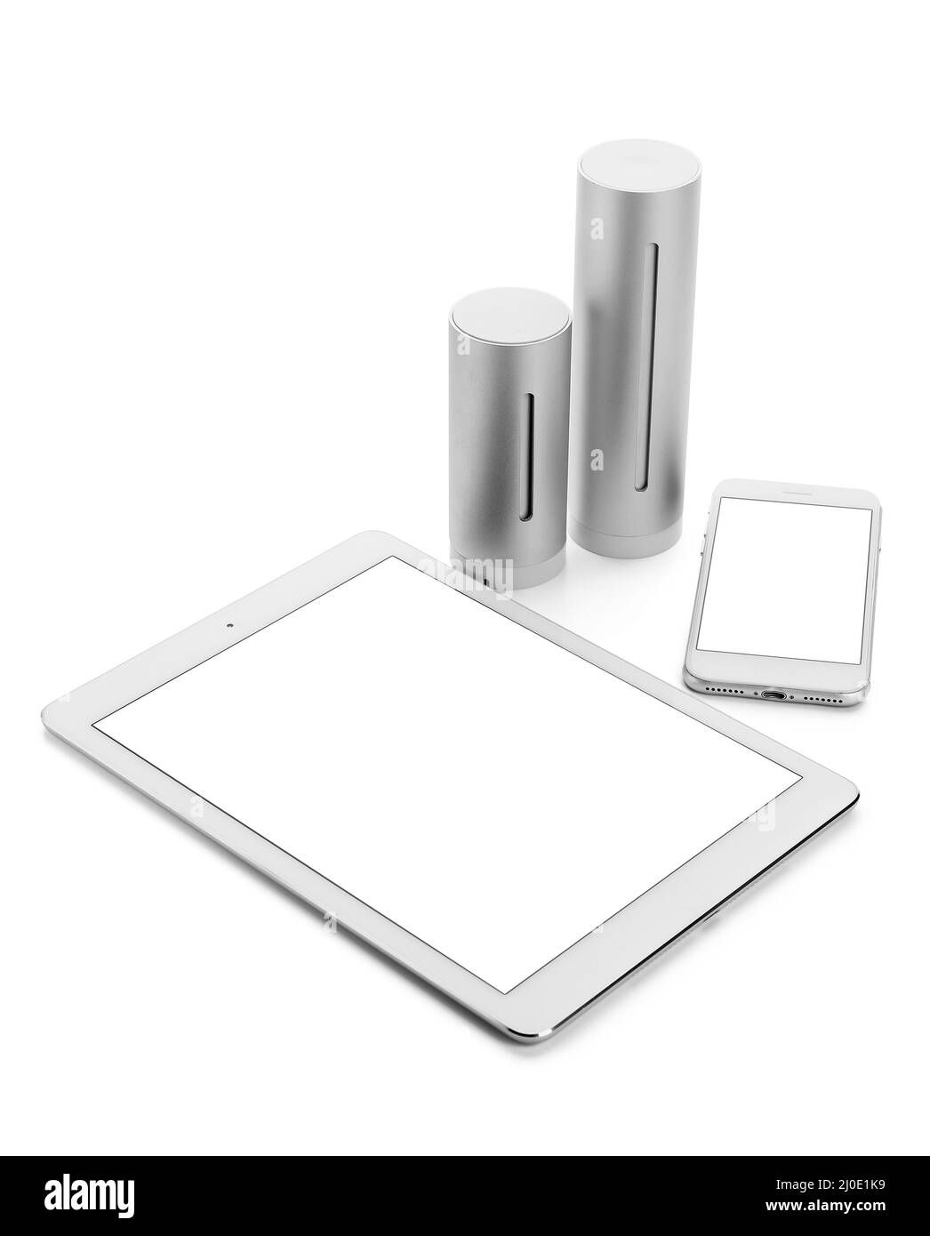 Digital weather station, mobile phone and tablet computer on white ...