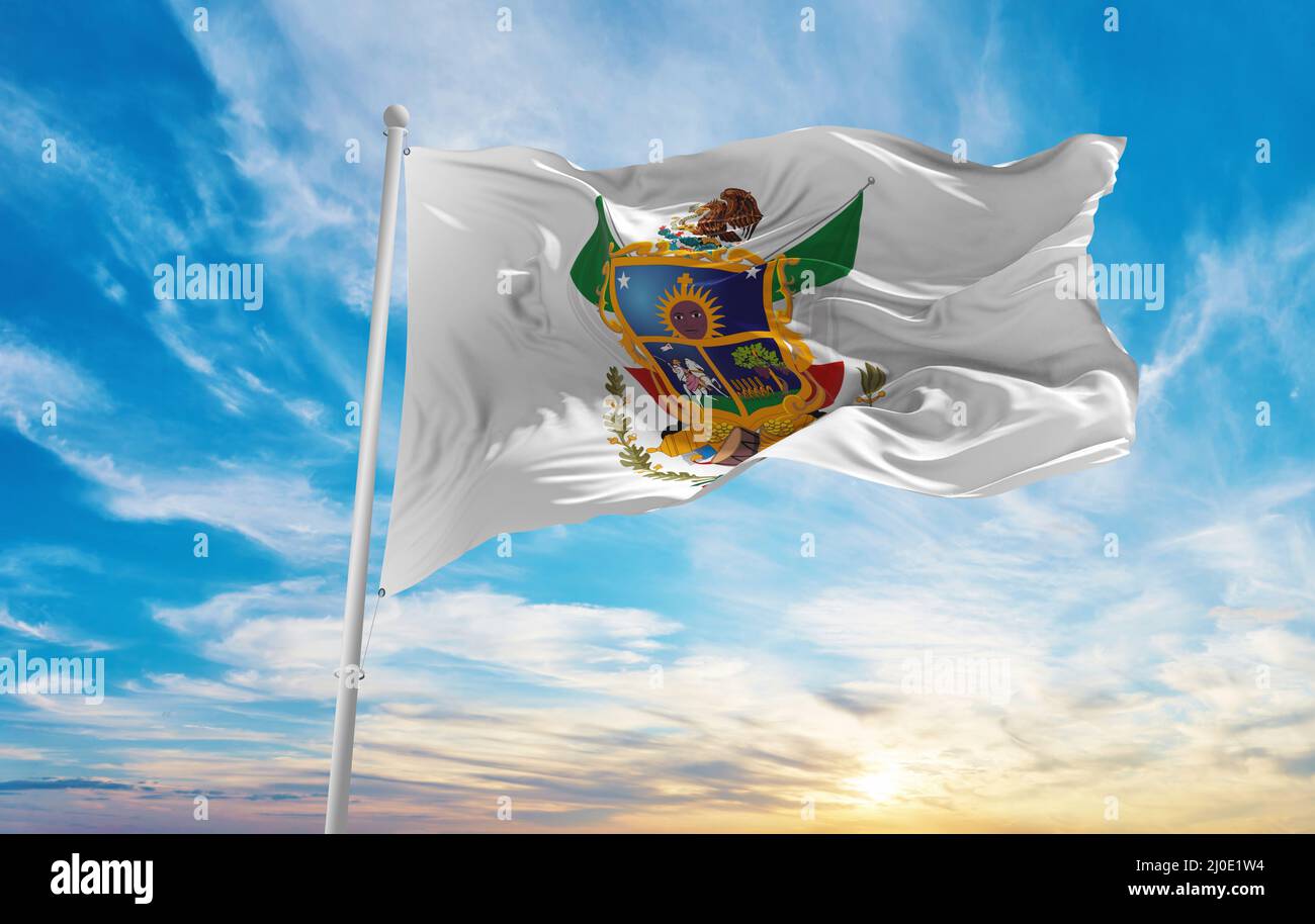 flag of Queretaro , Mexico at cloudy sky background on sunset ...