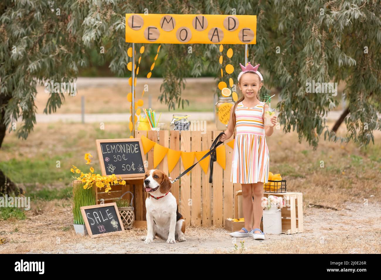Cute girl with dog near lemonade stand in park Stock Photo - Alamy