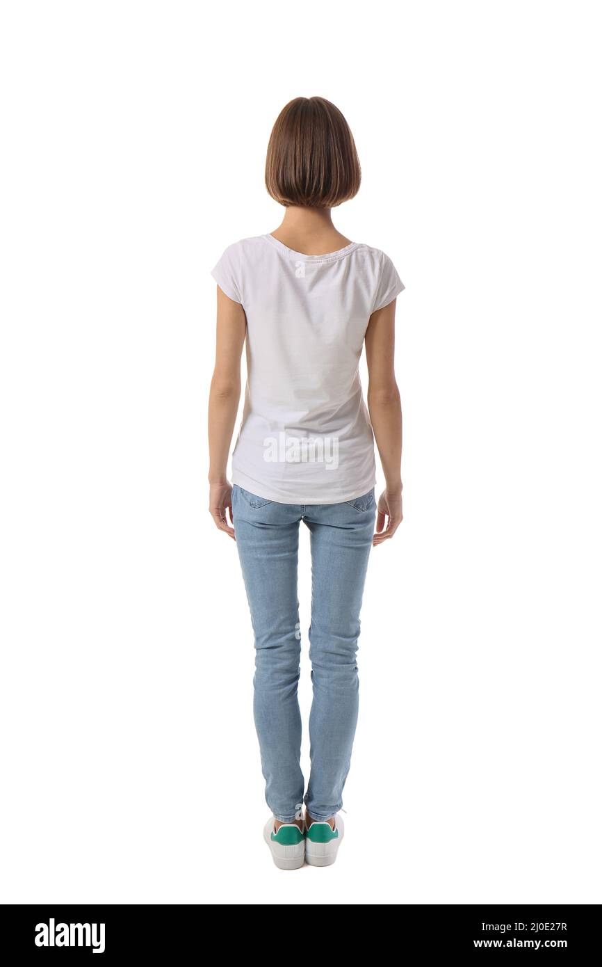 Beautiful young woman in stylish t-shirt on white background, back view ...