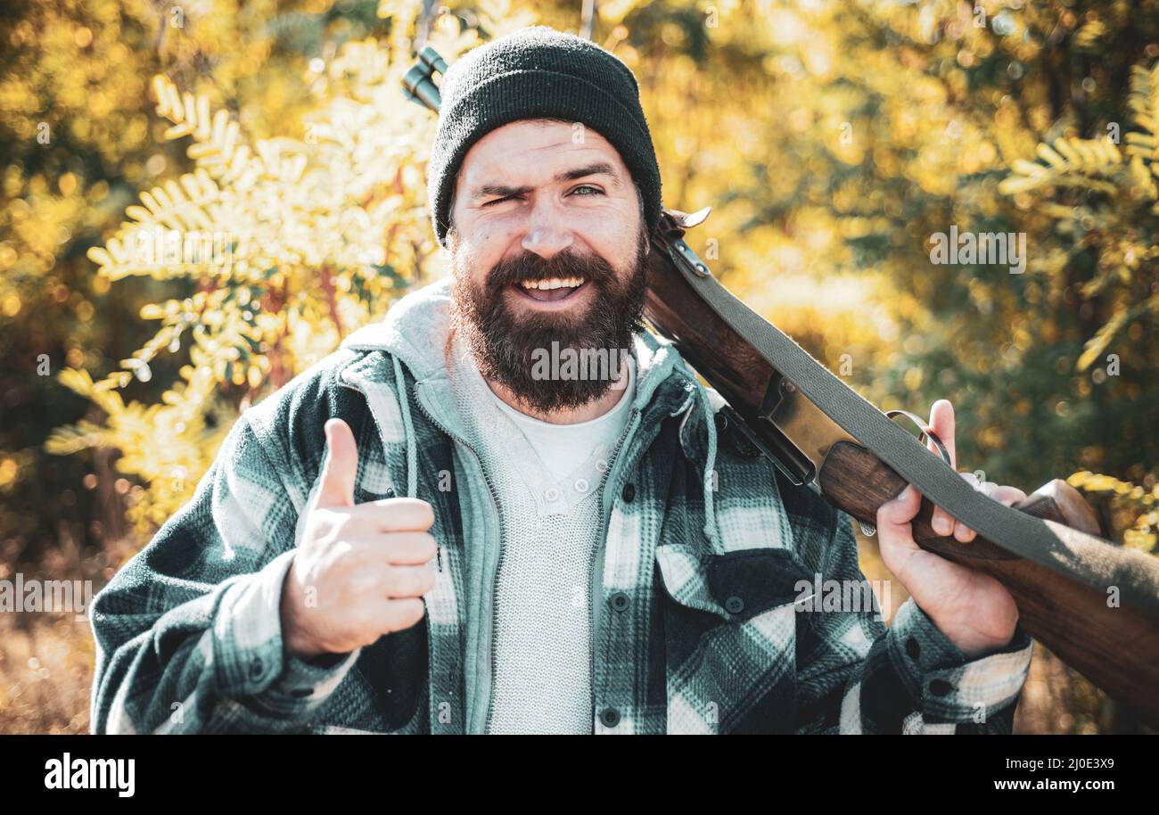 Happy Hunting in forest. Closed and open hunting season. Hunter with ...