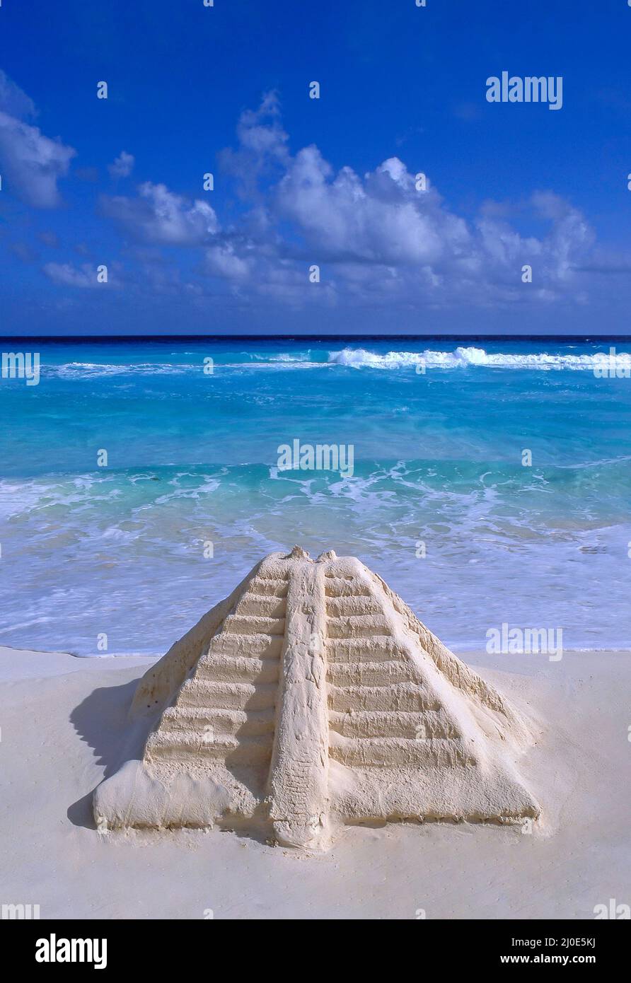 Pyramid-shaped sandcastle, Hotel Zone, Cancun, Yucatán Peninsula ...