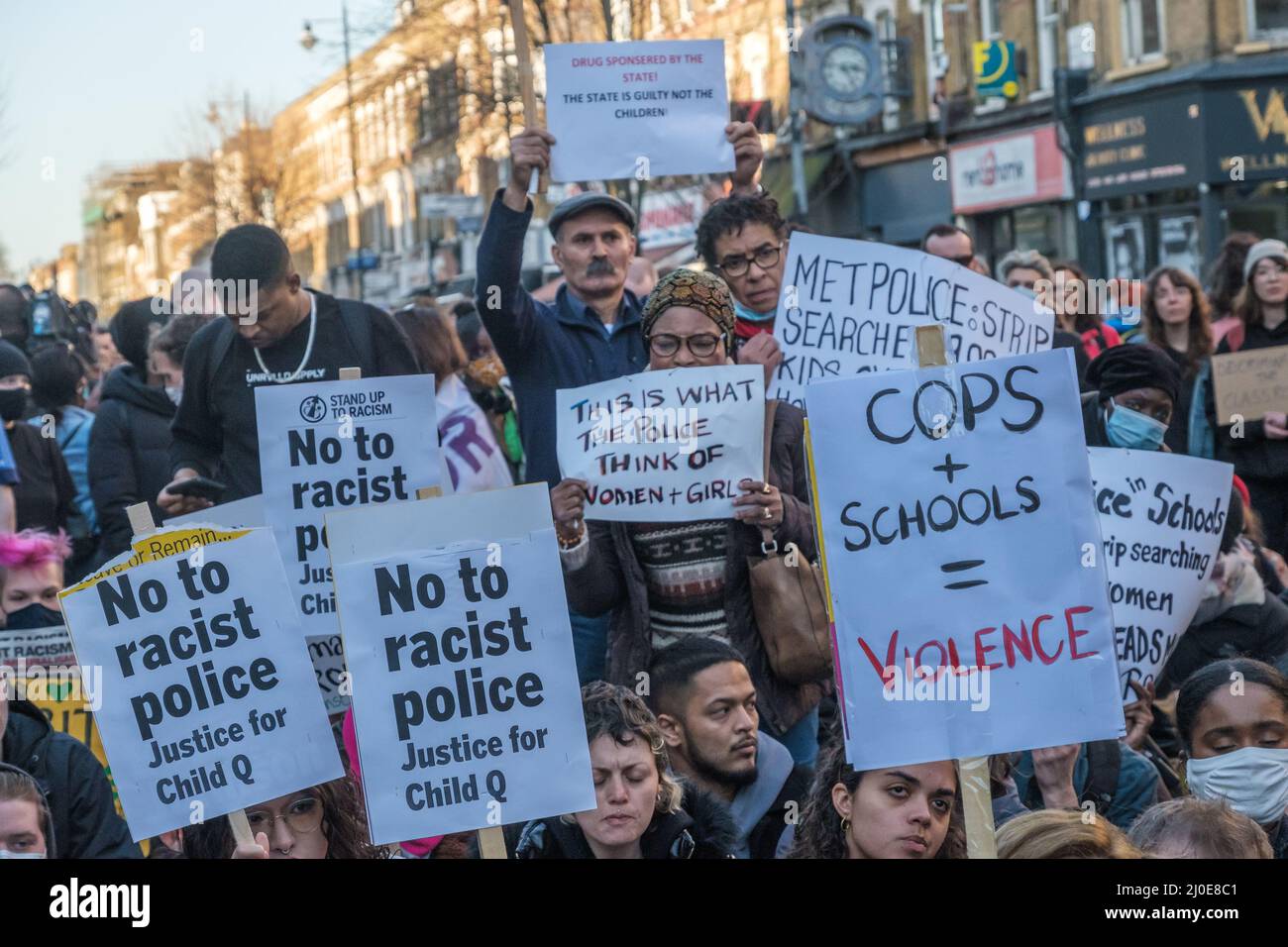London, UK. 18th Mar 2022. Hackney Cop Watch protesters block the road ...