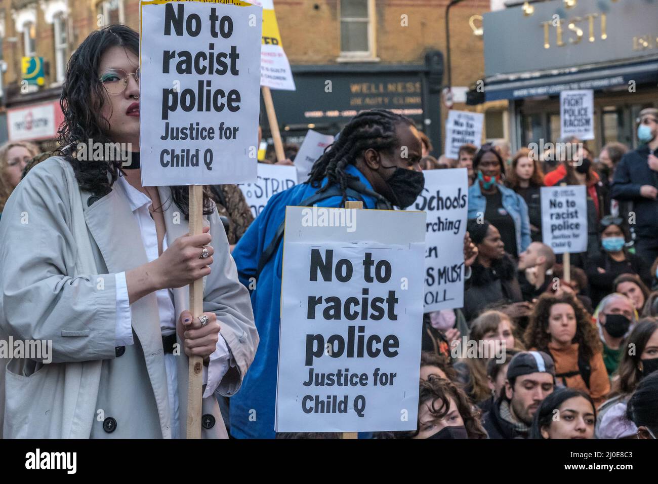 London, UK. 18th Mar 2022. Hackney Cop Watch protesters block the road ...