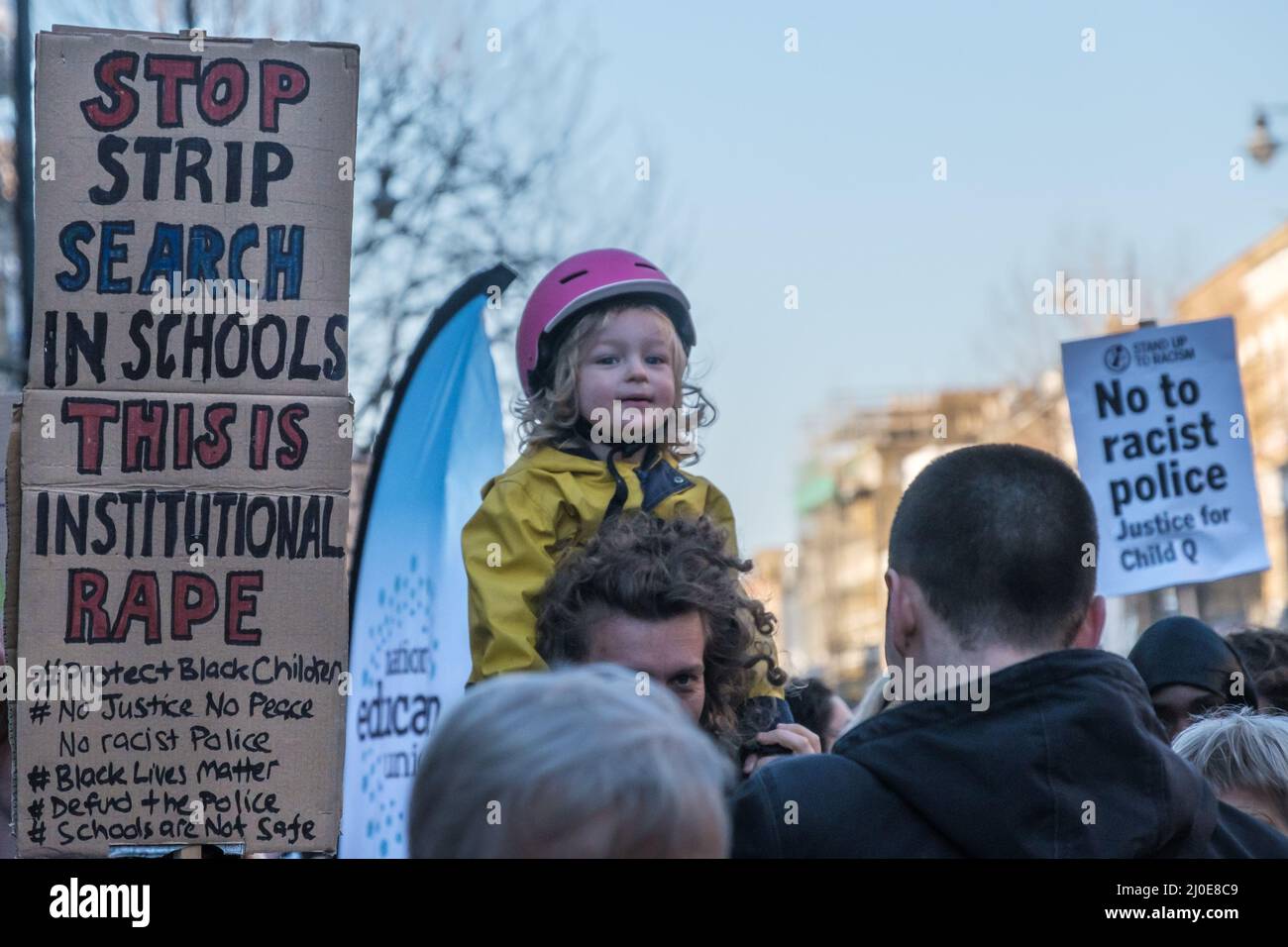 London, UK. 18th Mar 2022. Hackney Cop Watch protesters block the road ...