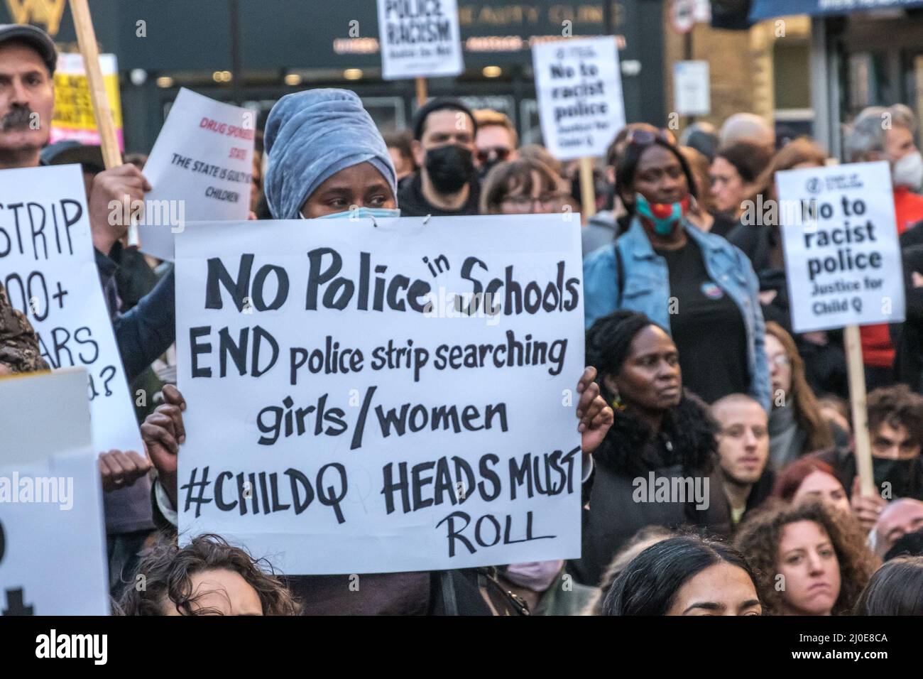 London, UK. 18th Mar 2022. Hackney Cop Watch protesters block the road ...