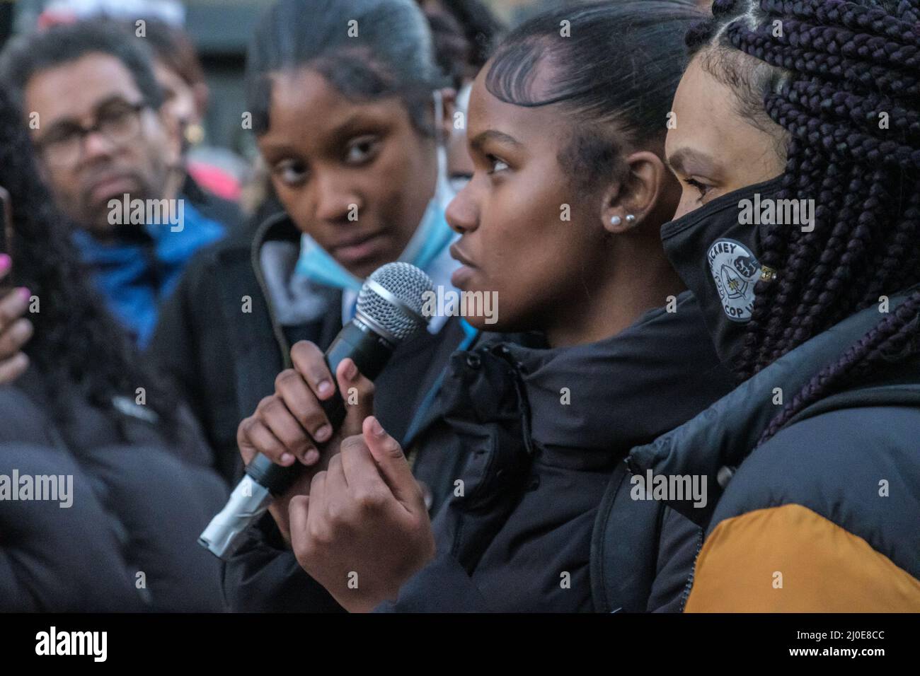 London, UK. 18th Mar 2022. Girls from the school ChildQ attends talk ...