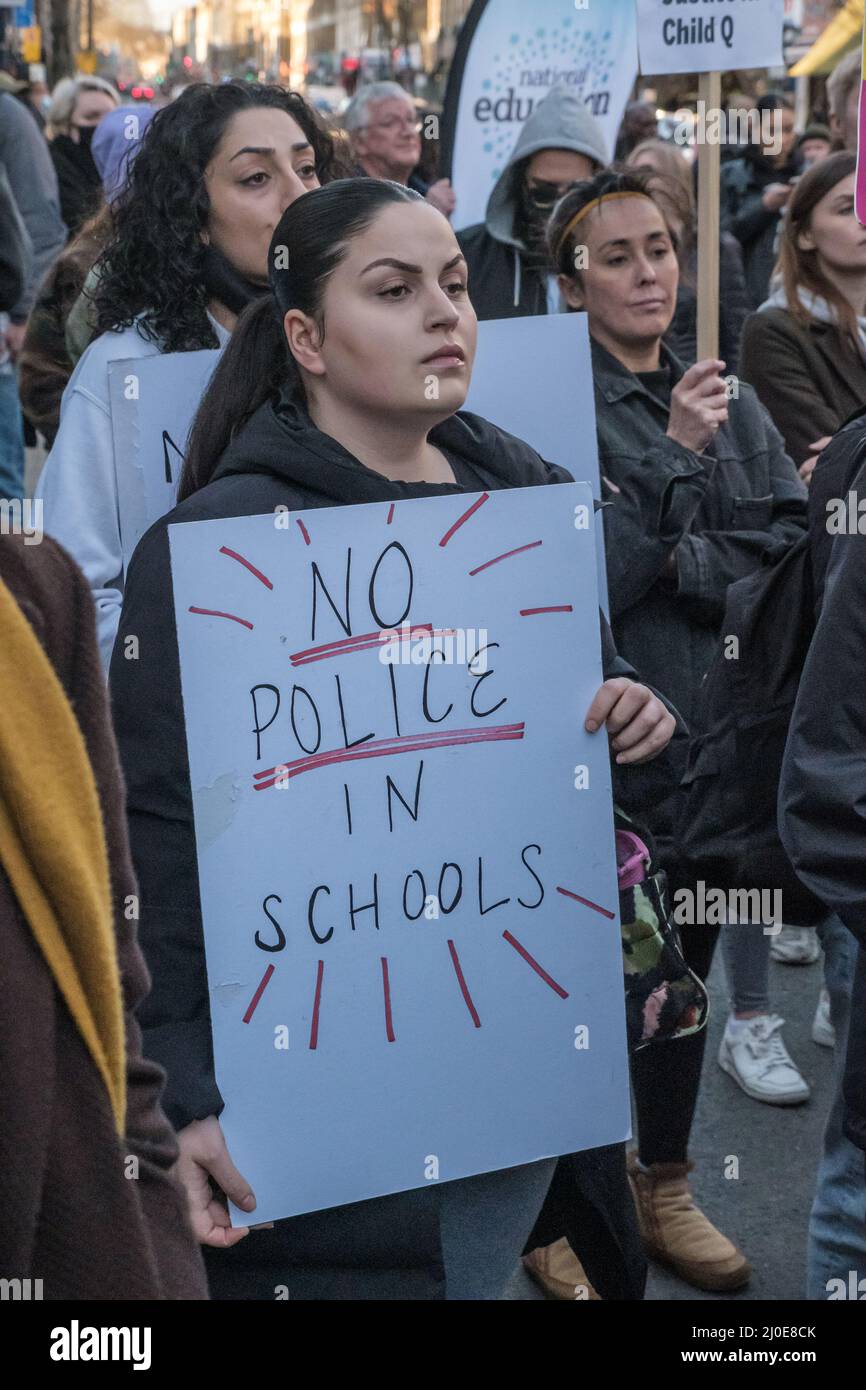 London, UK. 18th Mar 2022. Hackney Cop Watch protesters block the road ...
