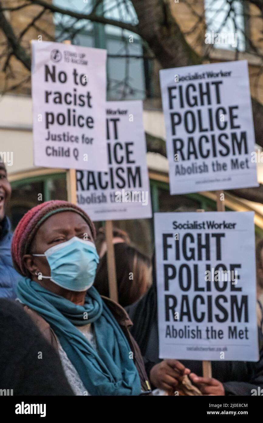 London, UK. 18th Mar 2022. Hackney Cop Watch protesters block the road ...