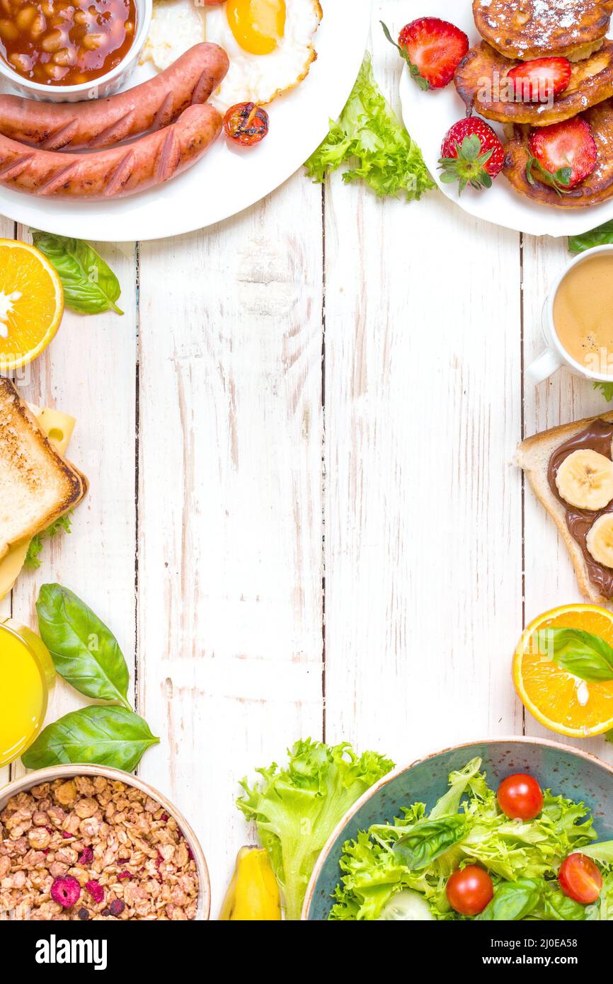 Different types of breakfast background Stock Photo - Alamy