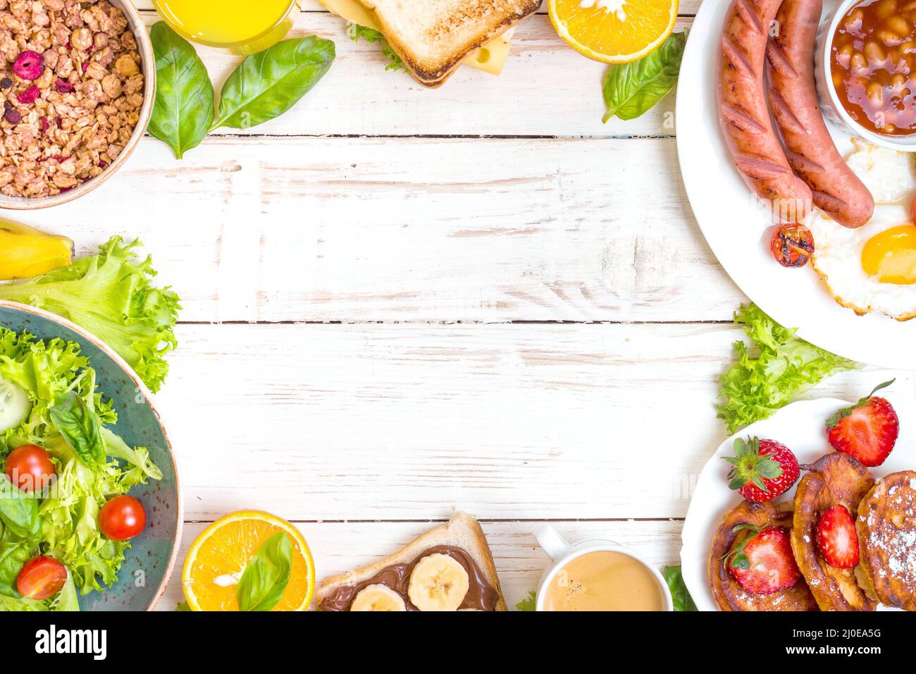 Different types of breakfast background Stock Photo - Alamy