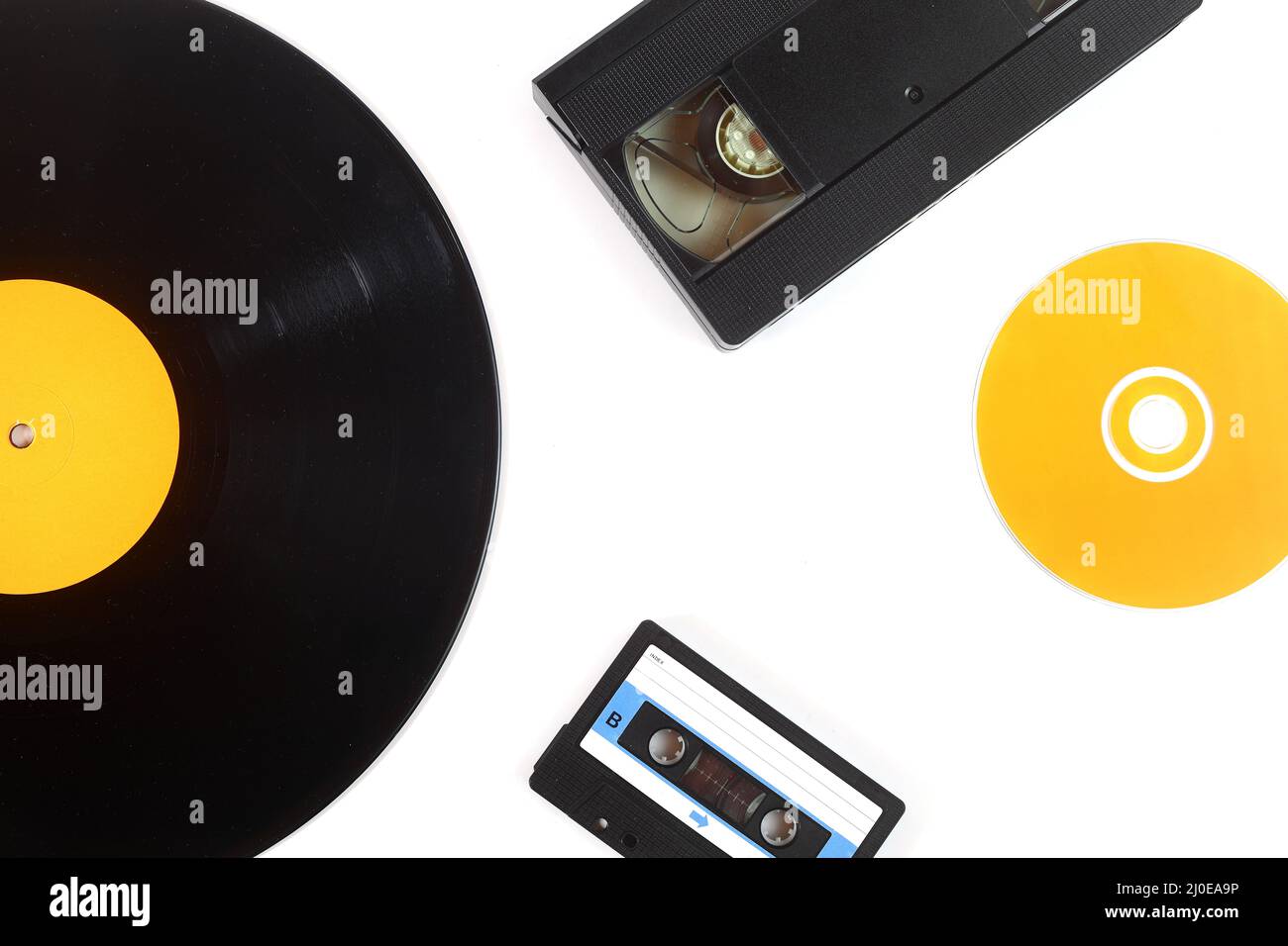 Vinyl record, cd, audio and video cassettes top view Stock Photo - Alamy