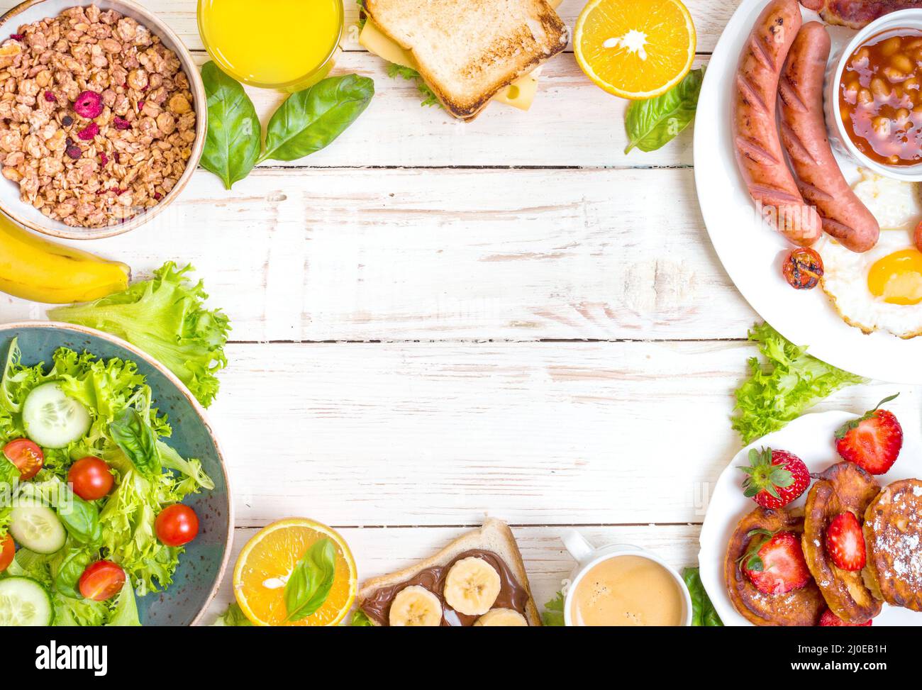 Different types of breakfast background Stock Photo - Alamy