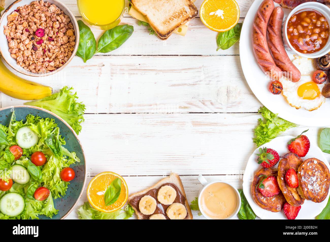 Different types of breakfast background Stock Photo - Alamy