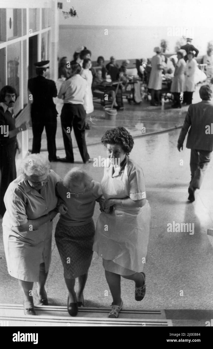 Fire at Leith Hospital, Edinburgh, August 1978. Elderly patient is ...