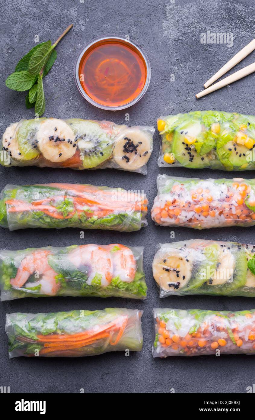 Fresh assorted spring rolls Stock Photo - Alamy
