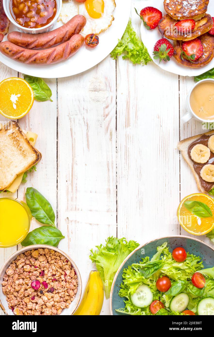 Different types of breakfast background Stock Photo - Alamy