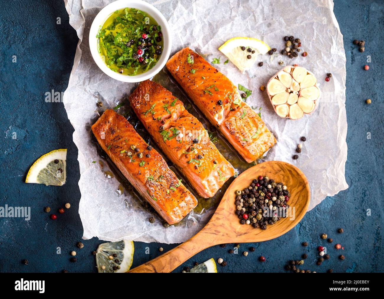 Delicious fried salmon fillet Stock Photo - Alamy