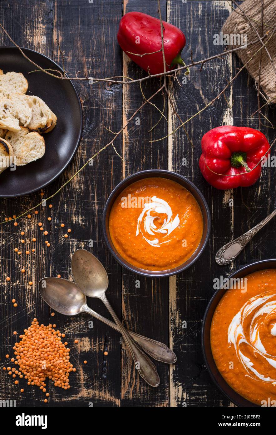 Pumpkin soup with heavy cream Stock Photo - Alamy