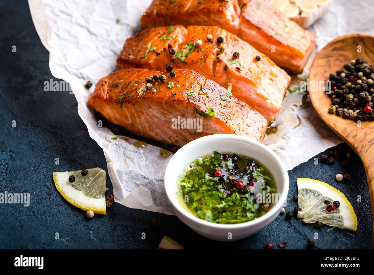 Delicious fried salmon fillet Stock Photo - Alamy