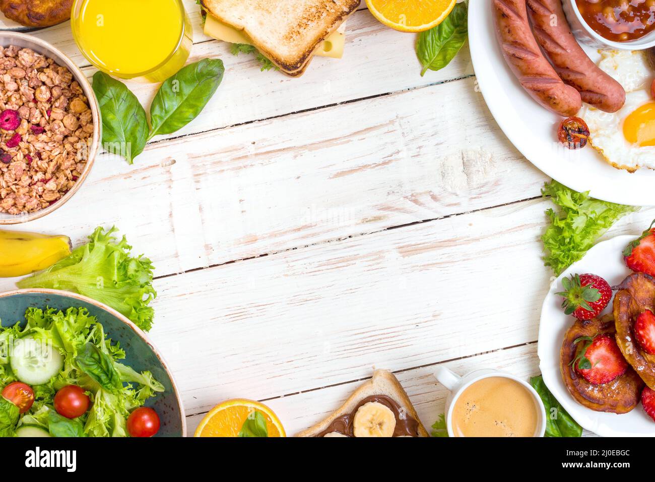 Different types of breakfast background Stock Photo - Alamy