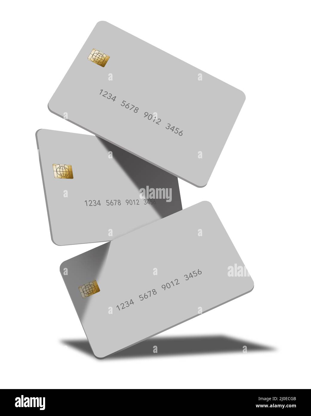 Three generic mock credit cards with text area are seen isolated on a ...